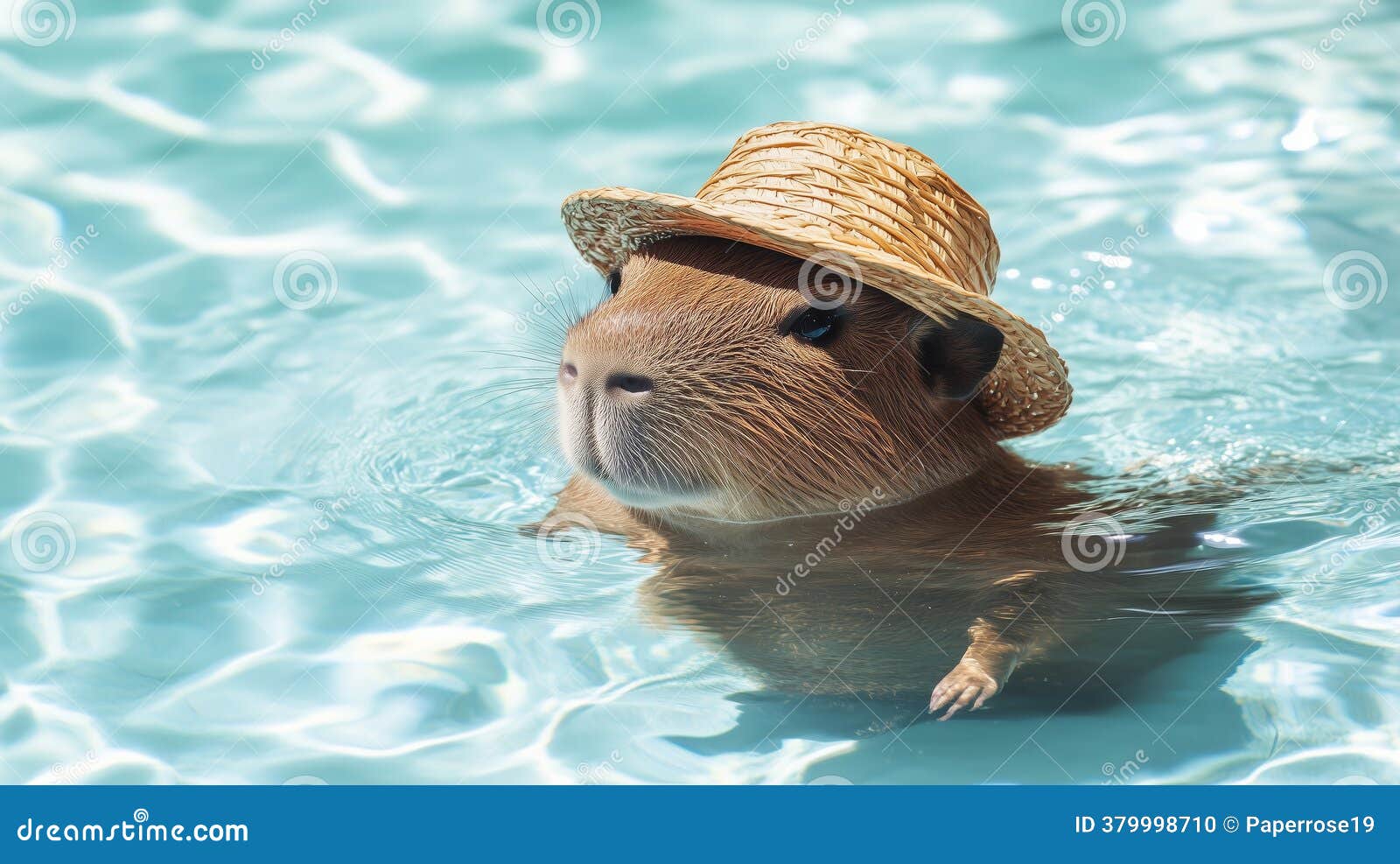 Cute Capybara Swims In The Pool Against The Backdrop Of The Summer ...