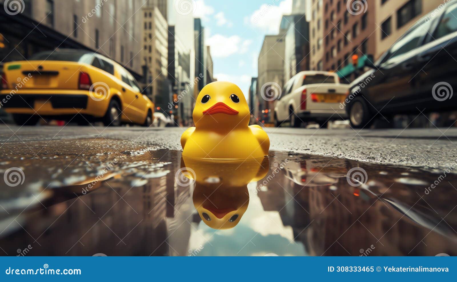 Hello Summer. Super Cute Rubber Duck Swimming in the Puddle Stock ...