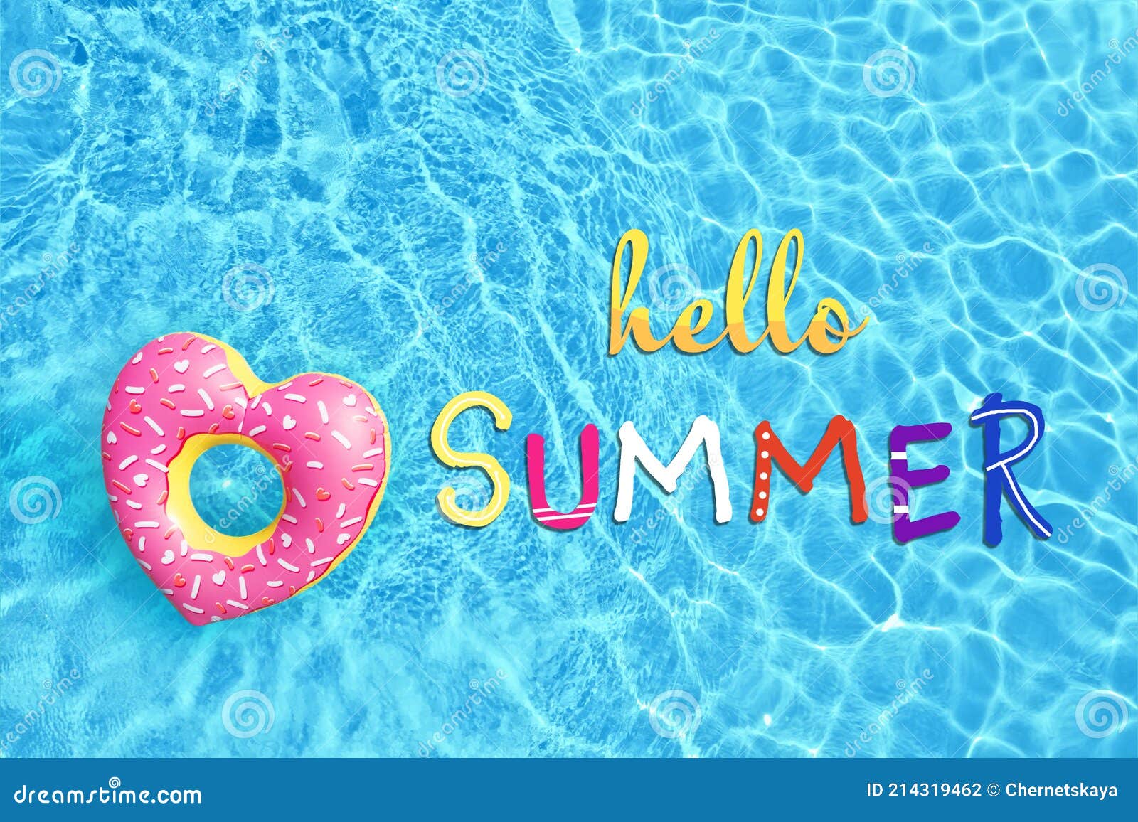 Hello Summer. Swimming Pool with Inflatable Ring, Top View Stock Photo ...