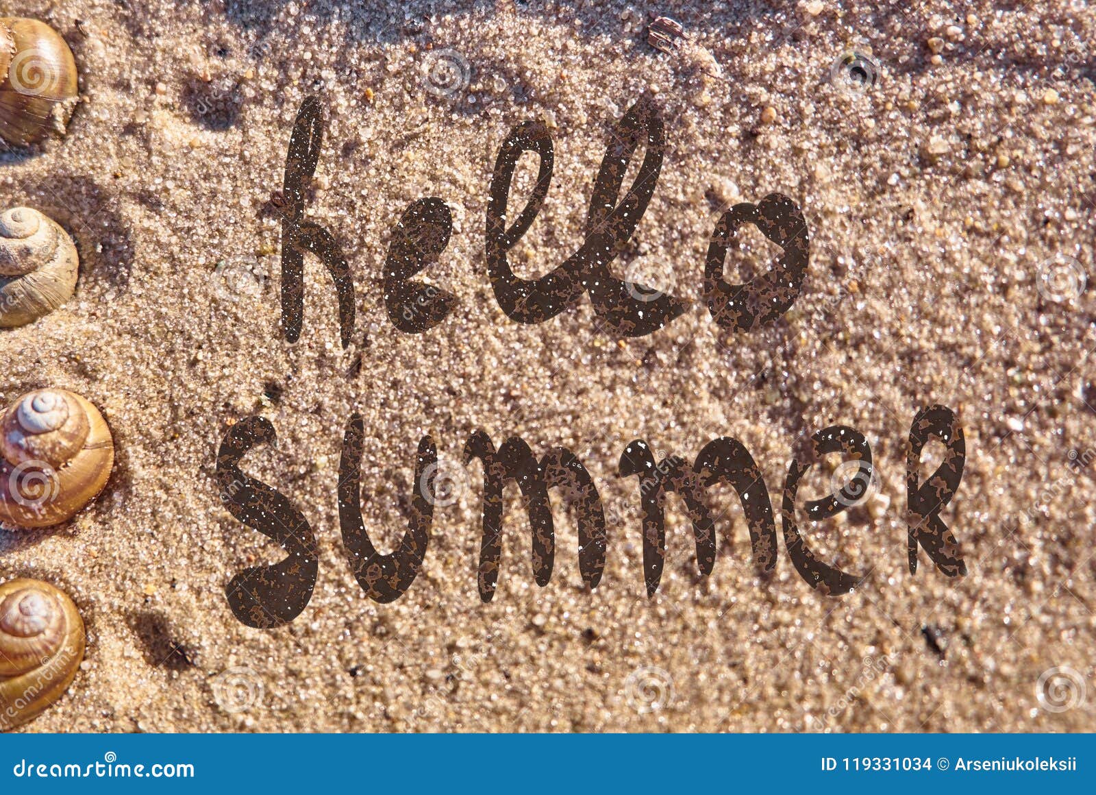 Hello Summer Text Drawn on a Sand Stock Photo - Image of flyer, border ...