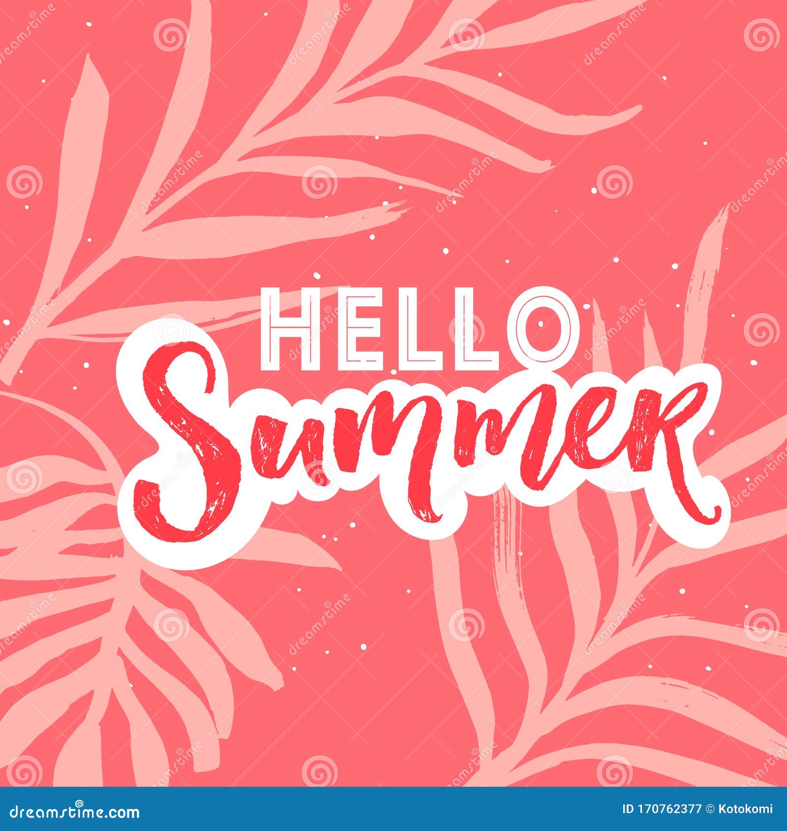 Hello Summer Text with Script Lettering. Pink Banner with Tropic Leaves ...