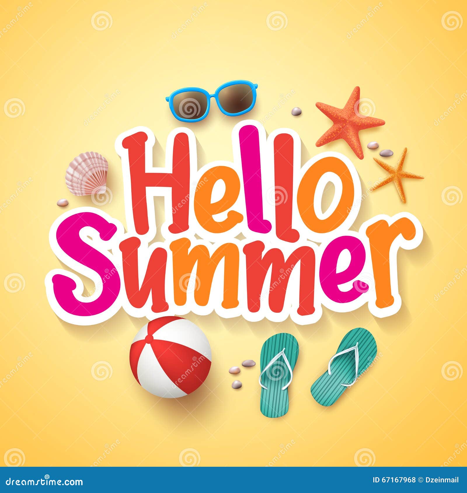 Hello Summer Text Title Poster Design with Realistic 3D Vector Elements ...