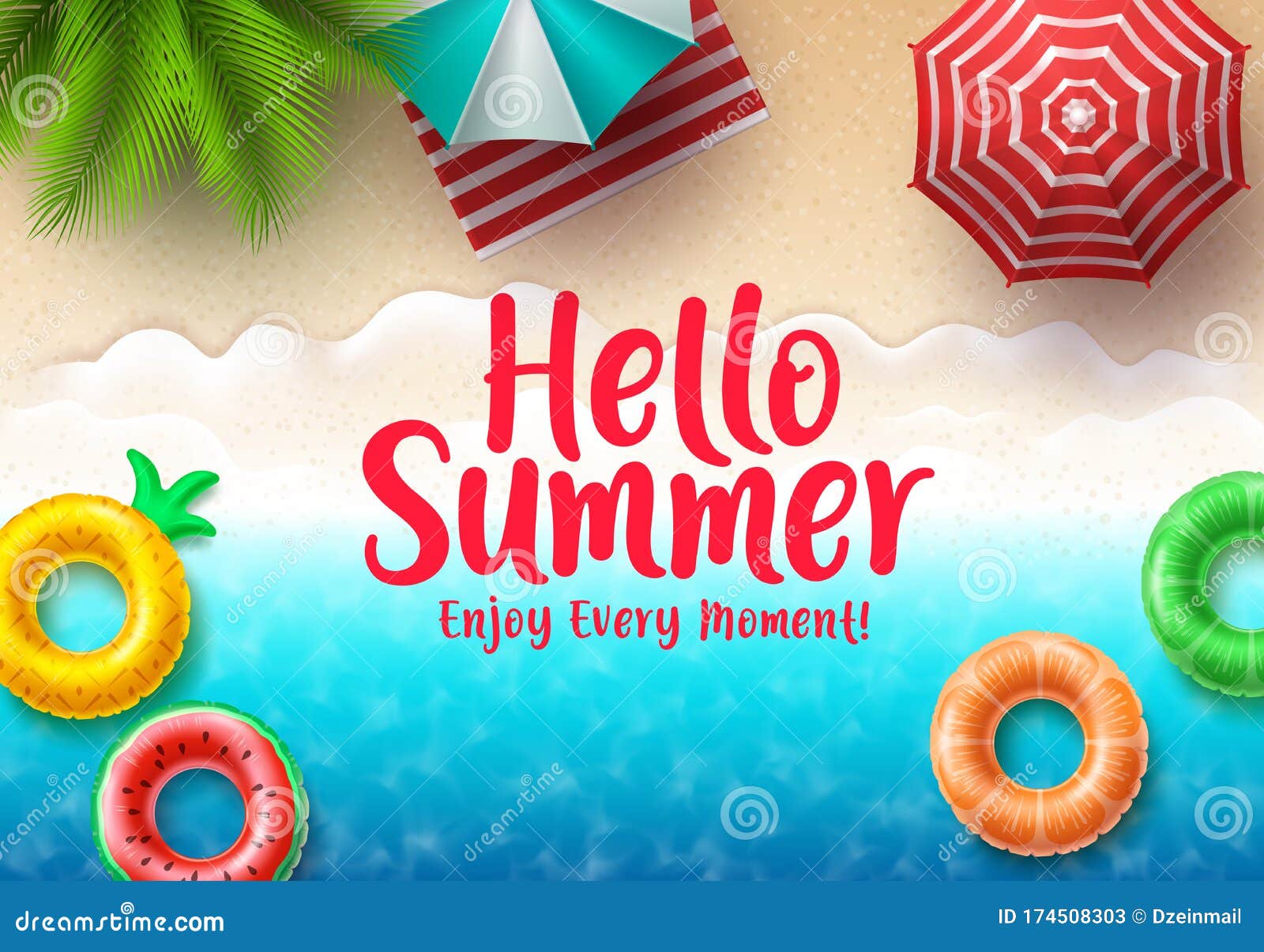 Hello Summer Text Vector Banner. Summer Beach Top View with Colorful ...