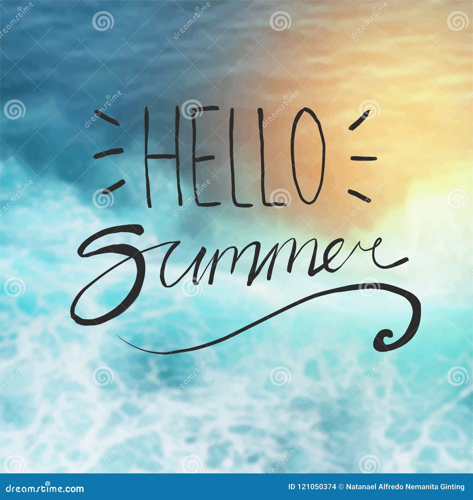 Hello Summer Typography on Sunshine Blurred Beach Background Stock ...
