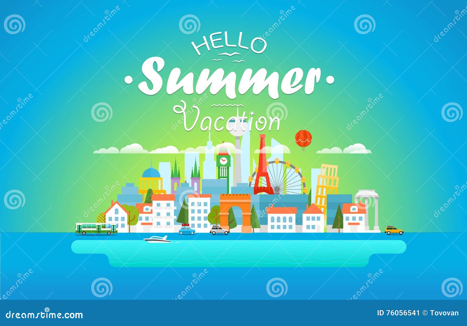 Hello Summer Vacation Concept. Cityscape Stock Vector - Illustration of ...