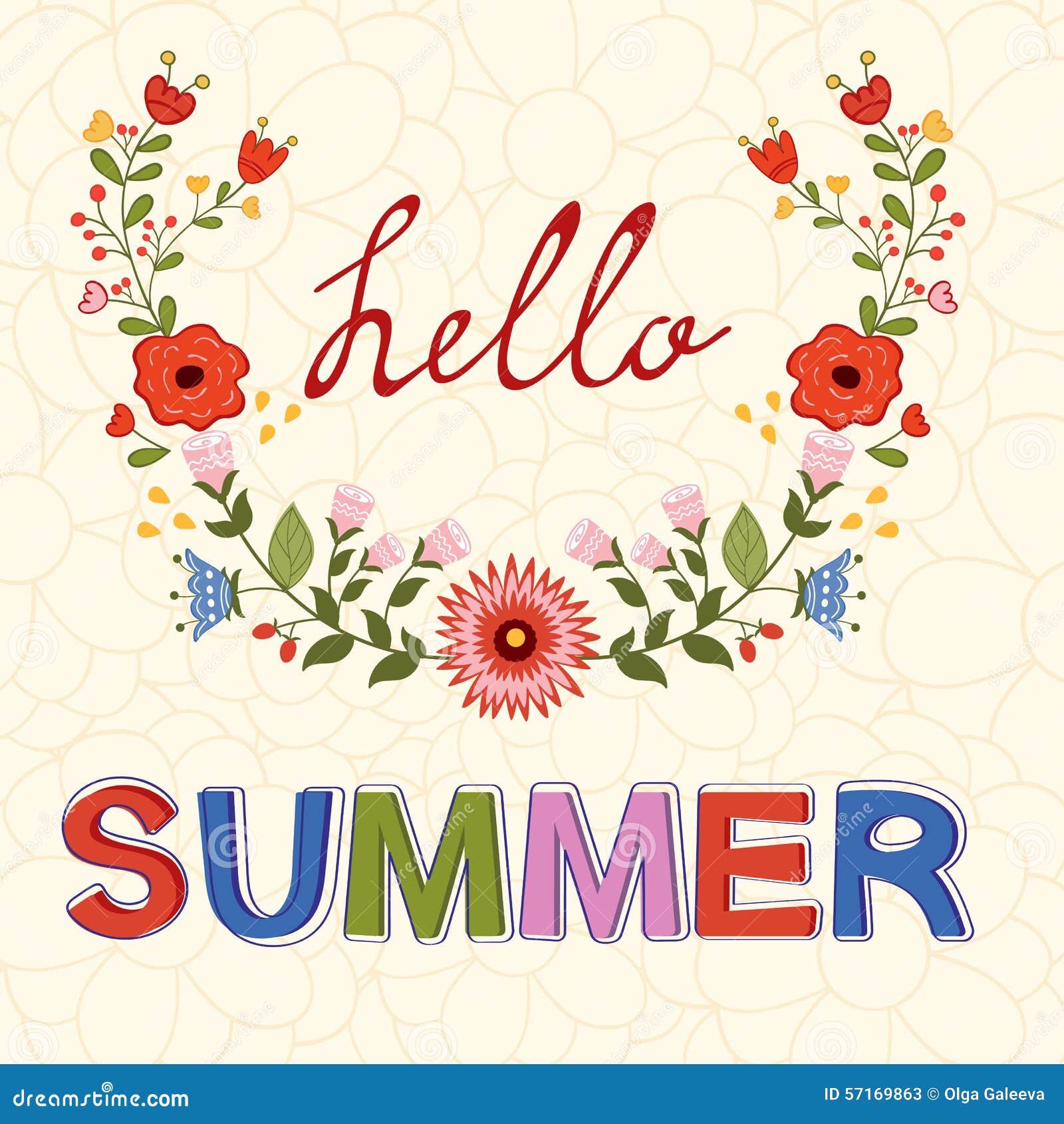 Hello Summer Vector Typography on Floral Stock Vector - Illustration of ...