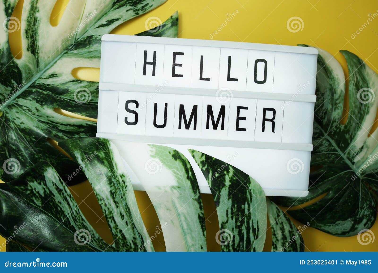 Hello Summer Word in Lightbox with Monstera Leaves on Yellow Background ...