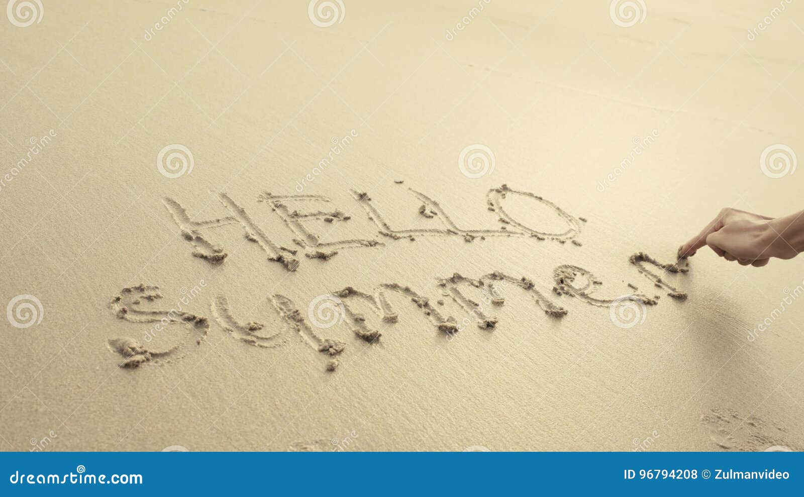 HELLO SUMMER Written on the Beach Sand Washed Aways by Waves. Stock ...