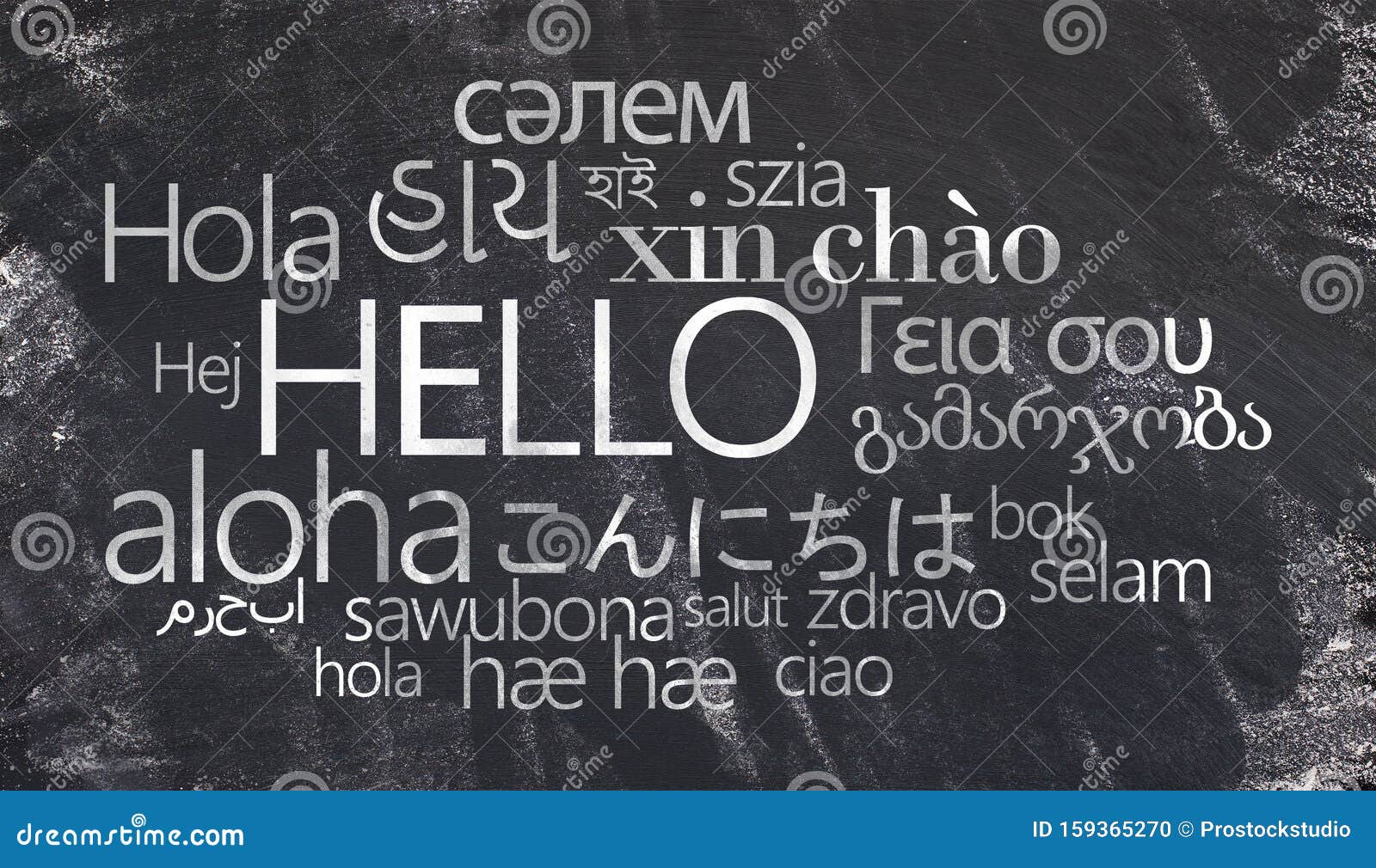 Hello Text on Different Languages Chalk Writing on Chalkboard Stock ...