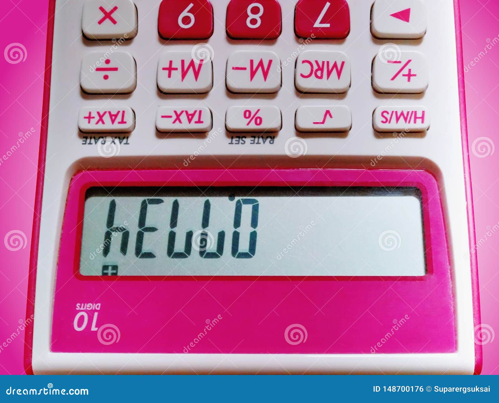 Hello Text on LCD Display of Pink 10-Digit Calculator Viewing Up Side ...