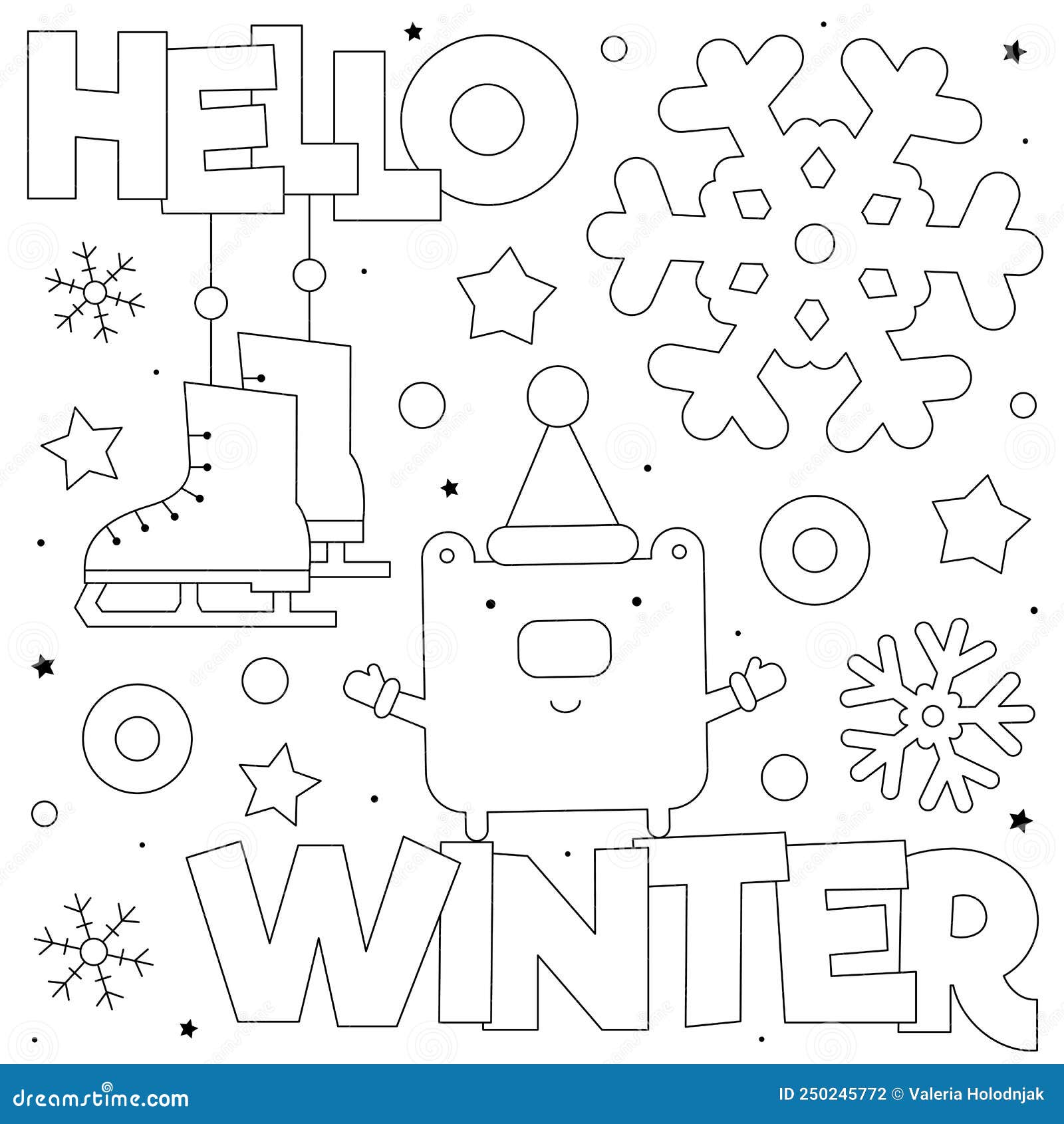 Hello Winter. Coloring Page. Black and White Vector Illustration. Stock ...