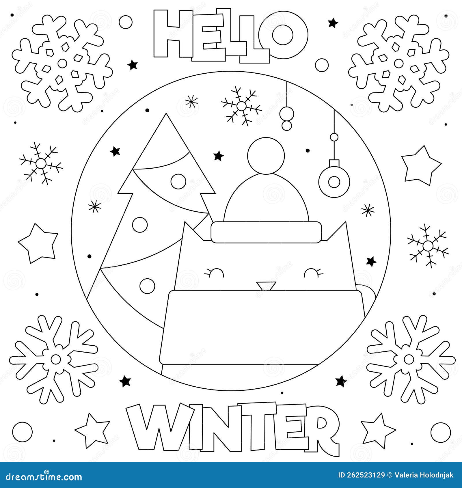 Hello Winter. Coloring Page. Black and White Vector Illustration. Stock ...