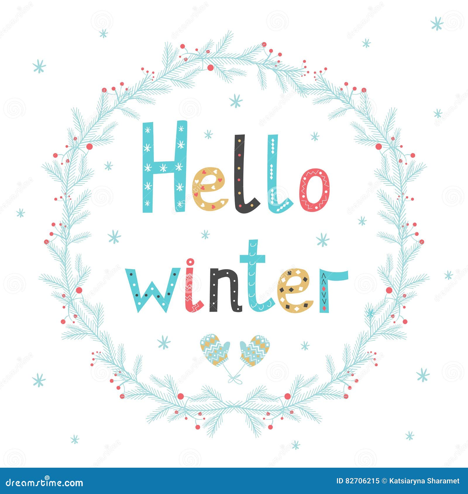 Hello Winter. Greeting Card with a Festive Wreath. Design Elements ...