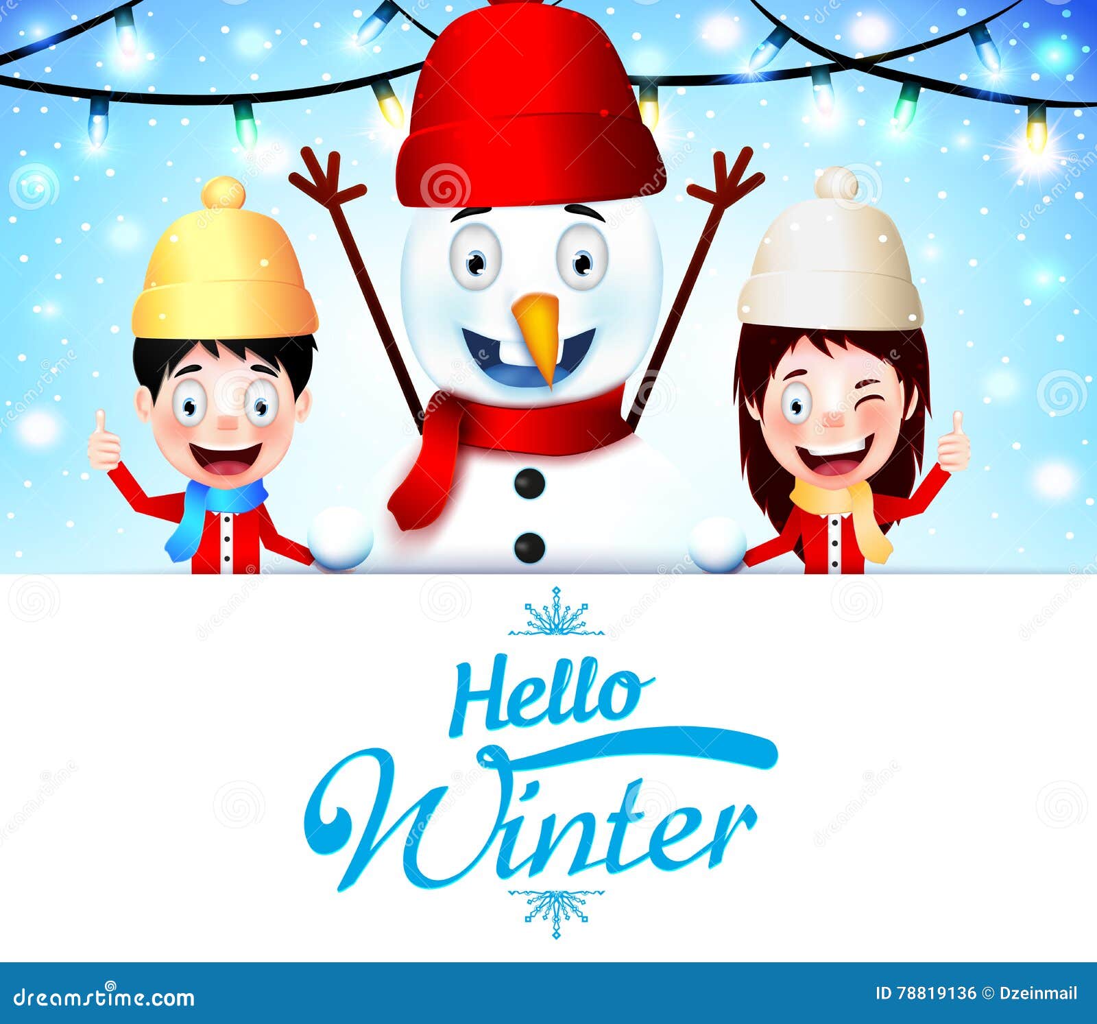 Hello Winter Greeting with Kids Vector Characters and Snowman with ...
