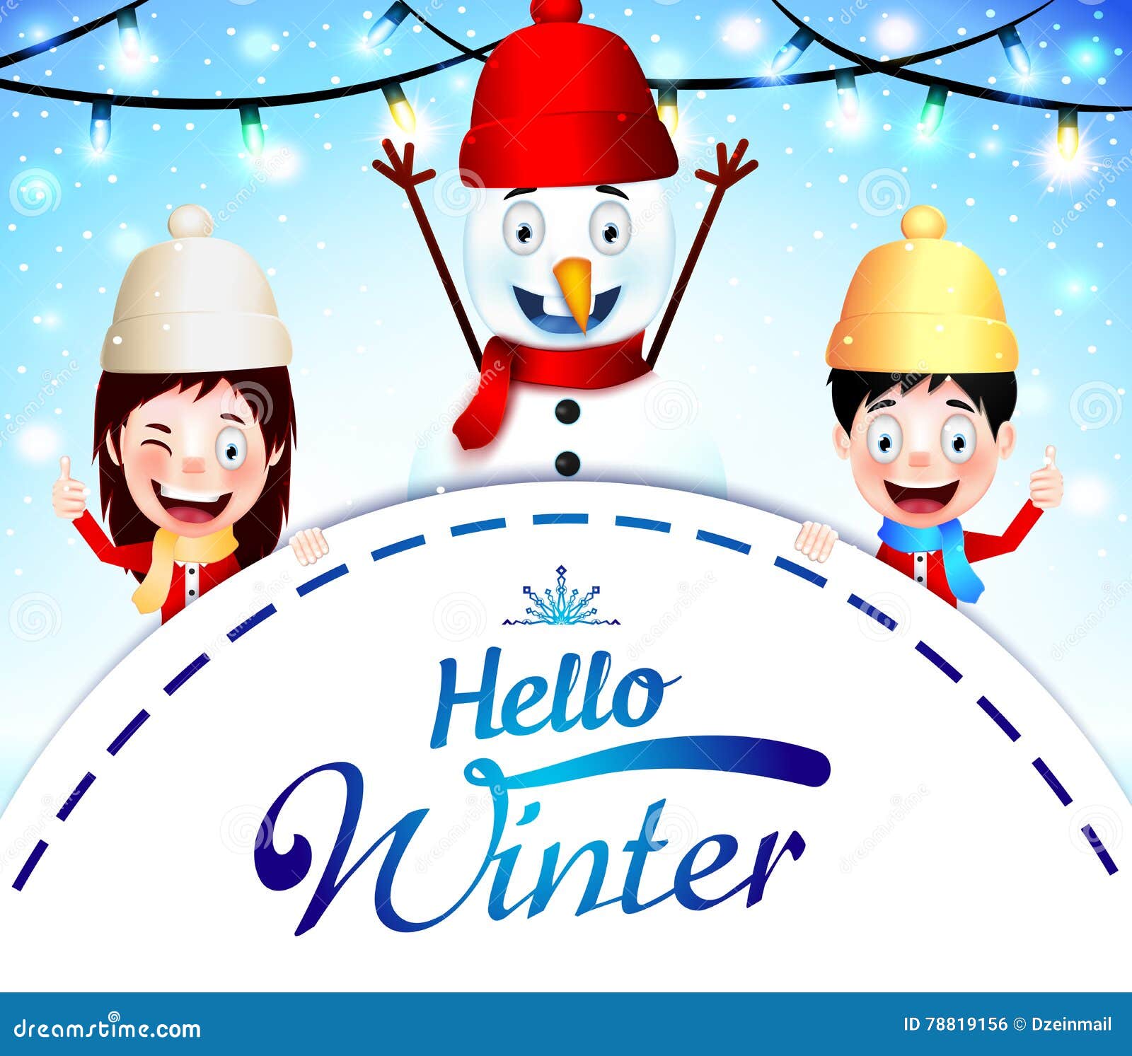 Hello Winter with Happy Kids and Snowman Greeting Vector Illustration ...