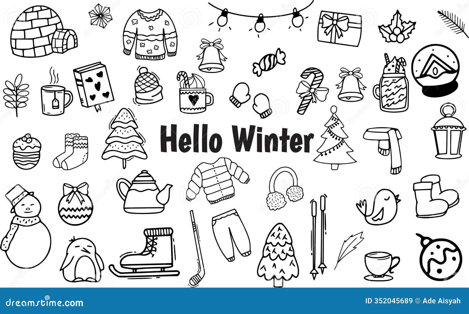 Hello Winter Line Art Doodle Vector Illustration Stock Illustration ...