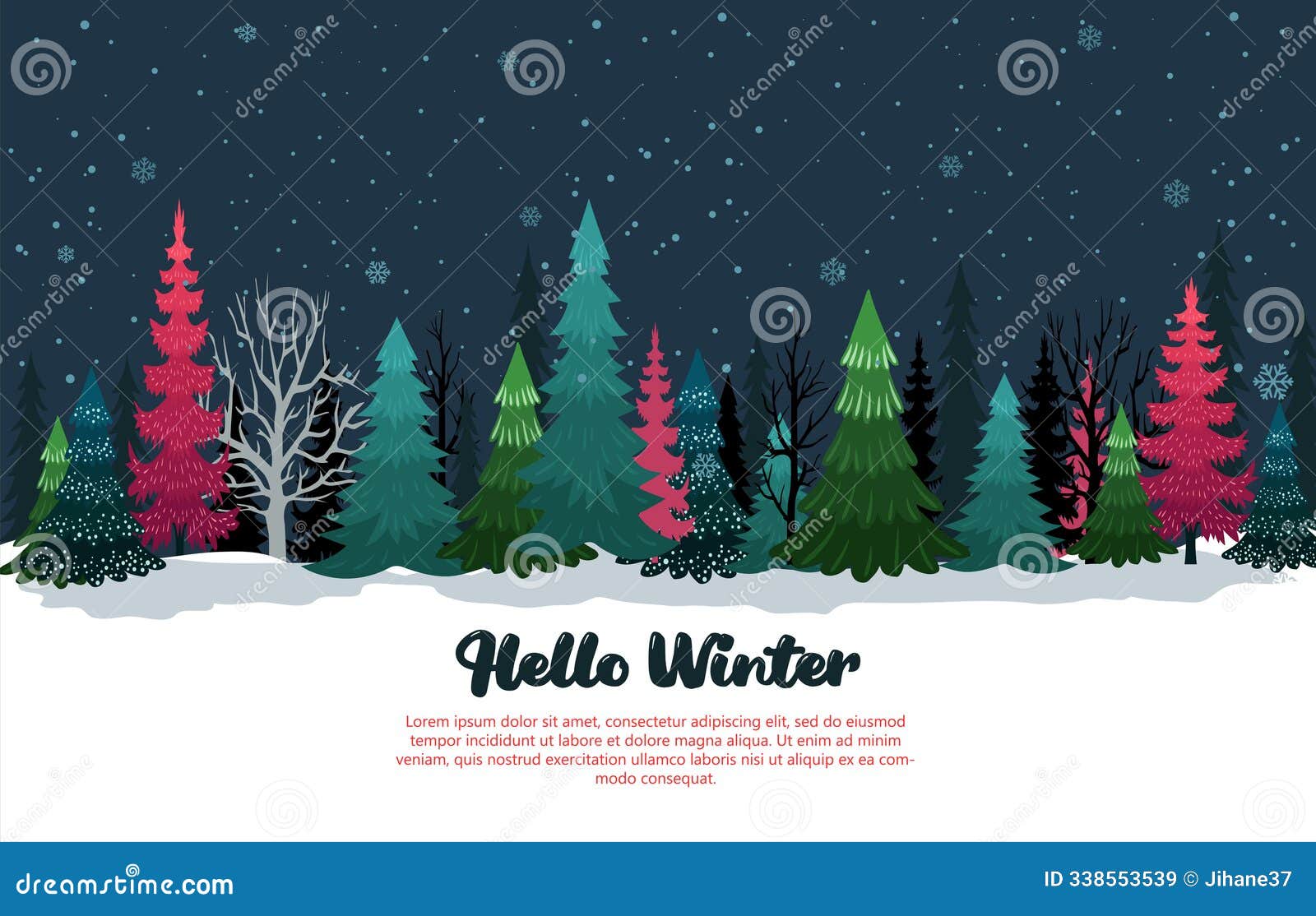 Hello Winter Season with Winter Trees Background in the Night Stock ...