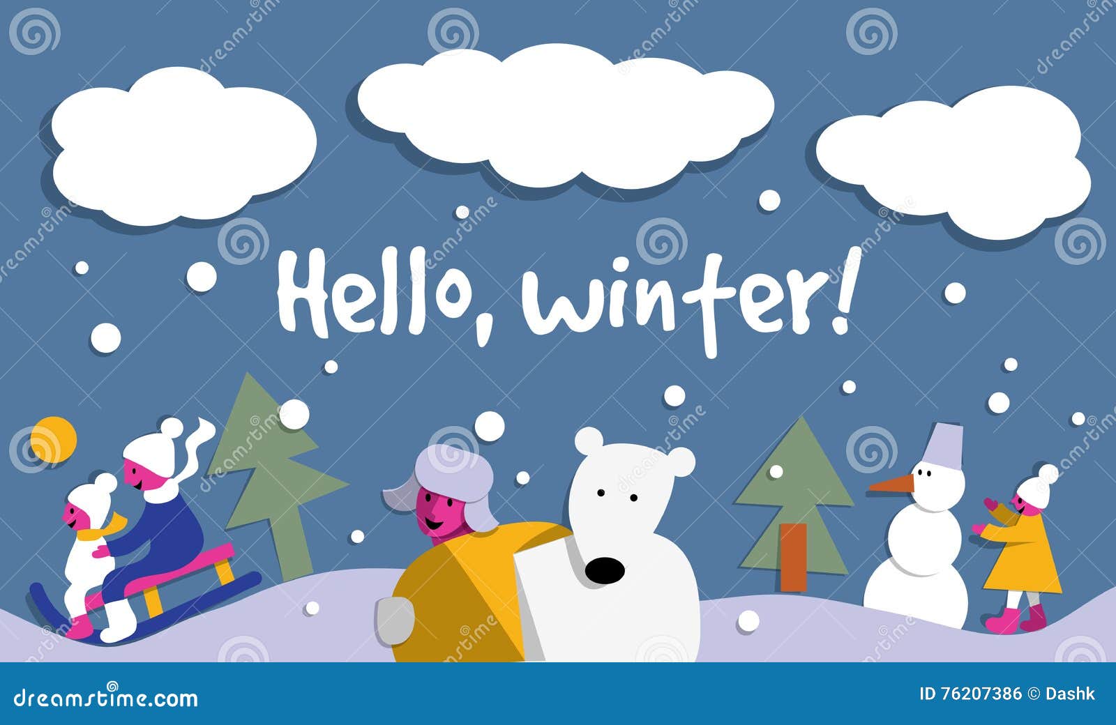Hello Winter Snow Sign Flat Card. Stock Vector - Illustration of tree ...