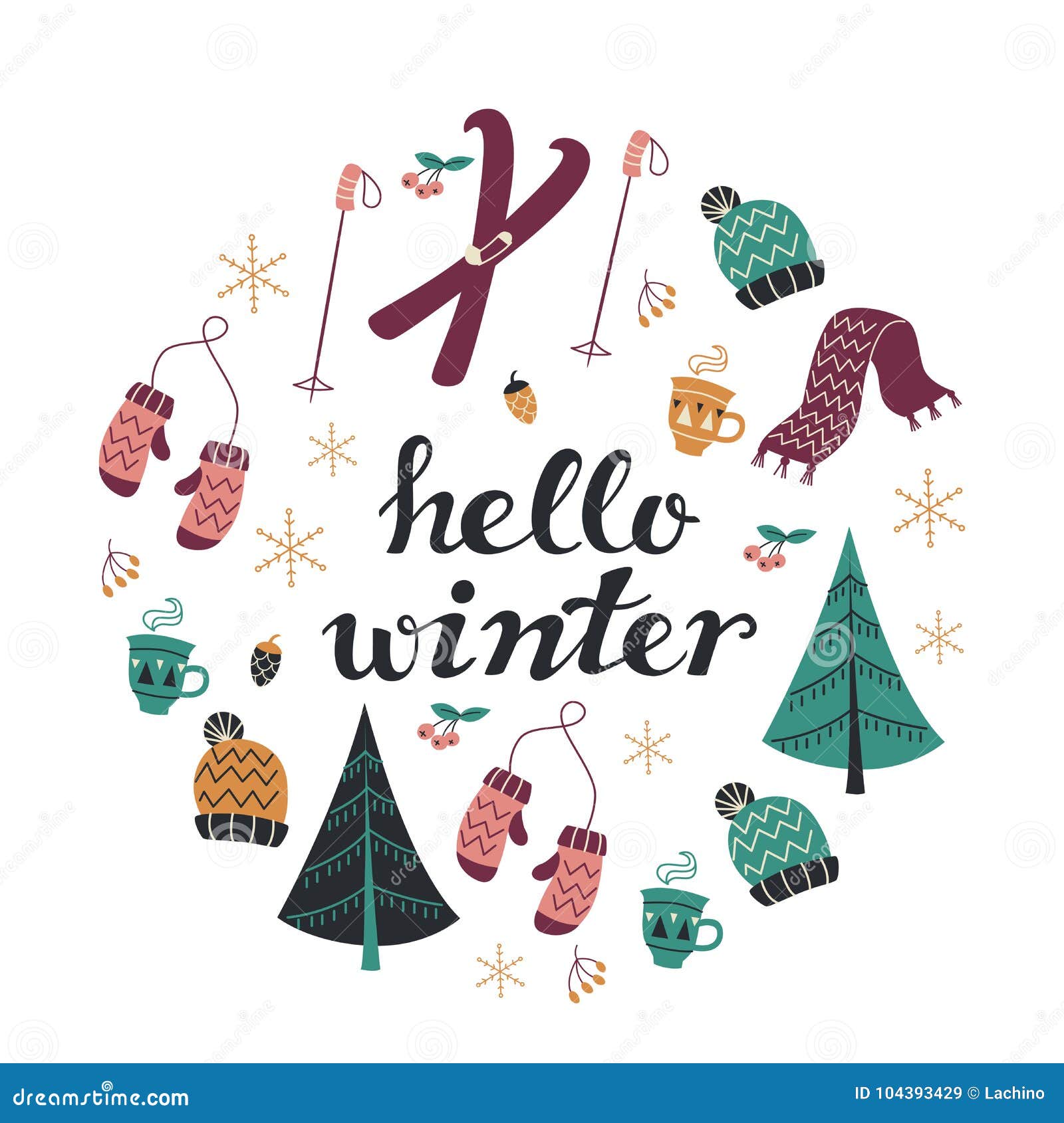 Hello Winter Text and Winter Background with Hand Drawn Winter Elements ...