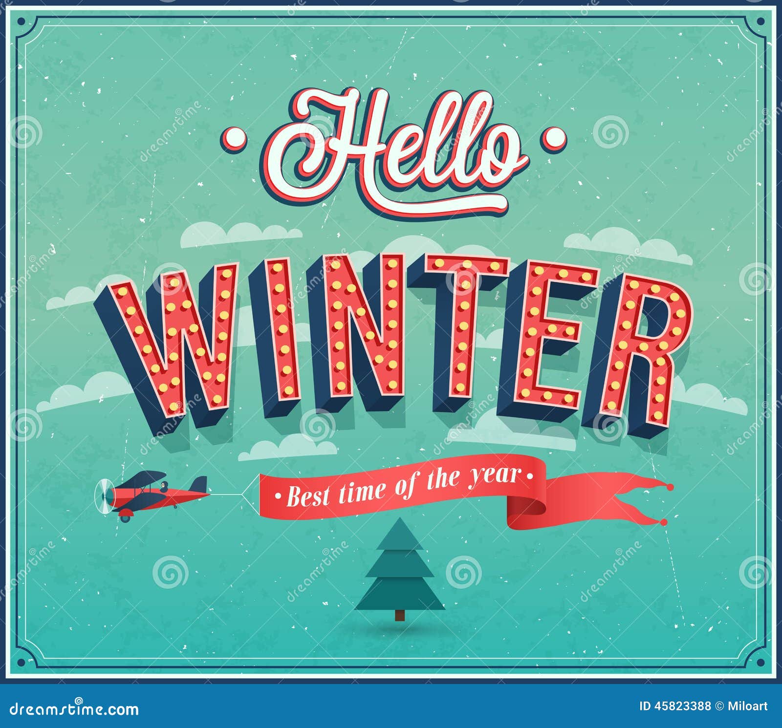 Hello Winter Text On Red Knitted Texture. Vintage Banner With Hand ...