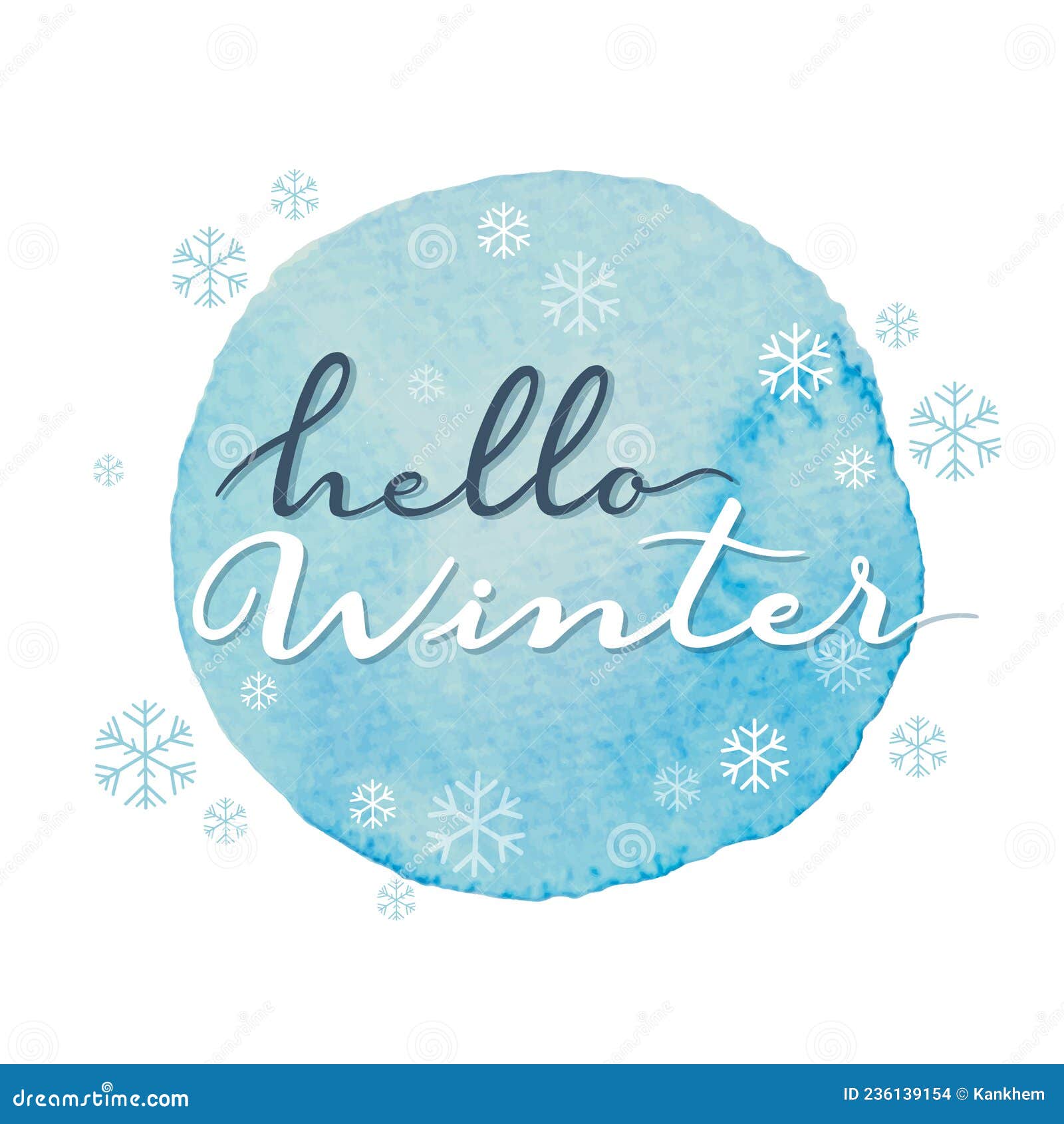 Hello Winter Vector Handwritten Calligraphy on Blue Round Watercolour ...