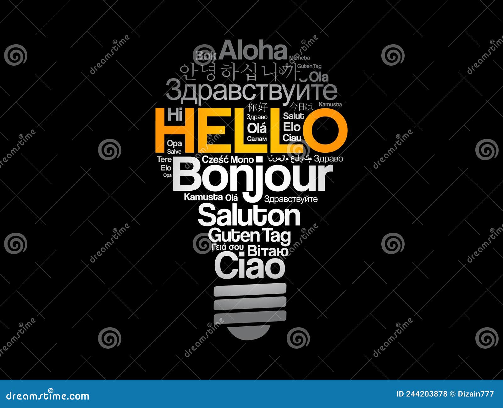 Hello Word Cloud in Different Languages of the World in Shape of Light ...
