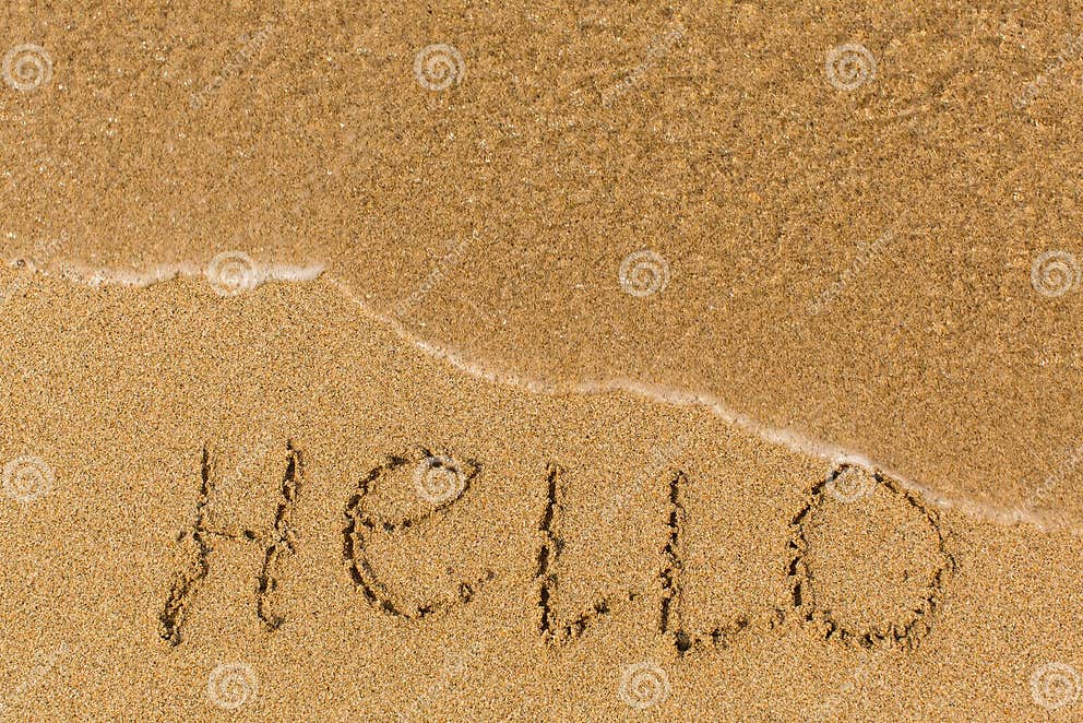 Hello - Word Drawn on the Sand Beach Stock Photo - Image of handwriting ...