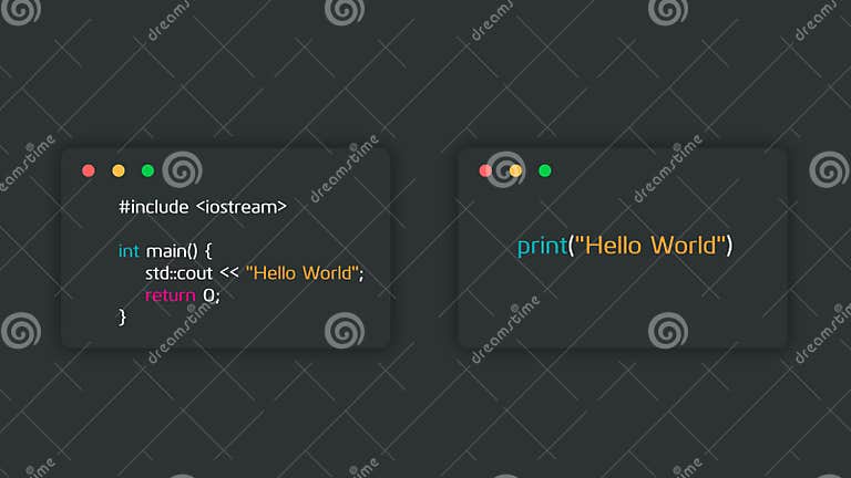 Hello World in C++ and Python. Comparison Code of Programming Language Stock Illustration ...