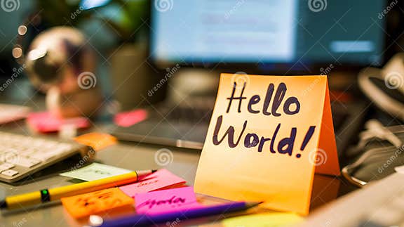 Hello World on a Desk with a Computer Stock Image - Image of handwriting, world: 322195213
