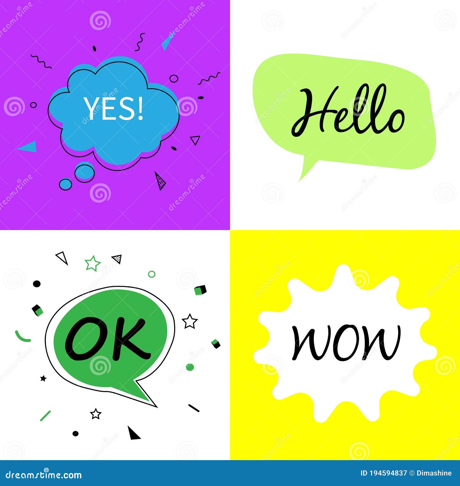 Hello Wow Ok Yes, Speech Bubbles with Dialog Words Vector Bubbles ...