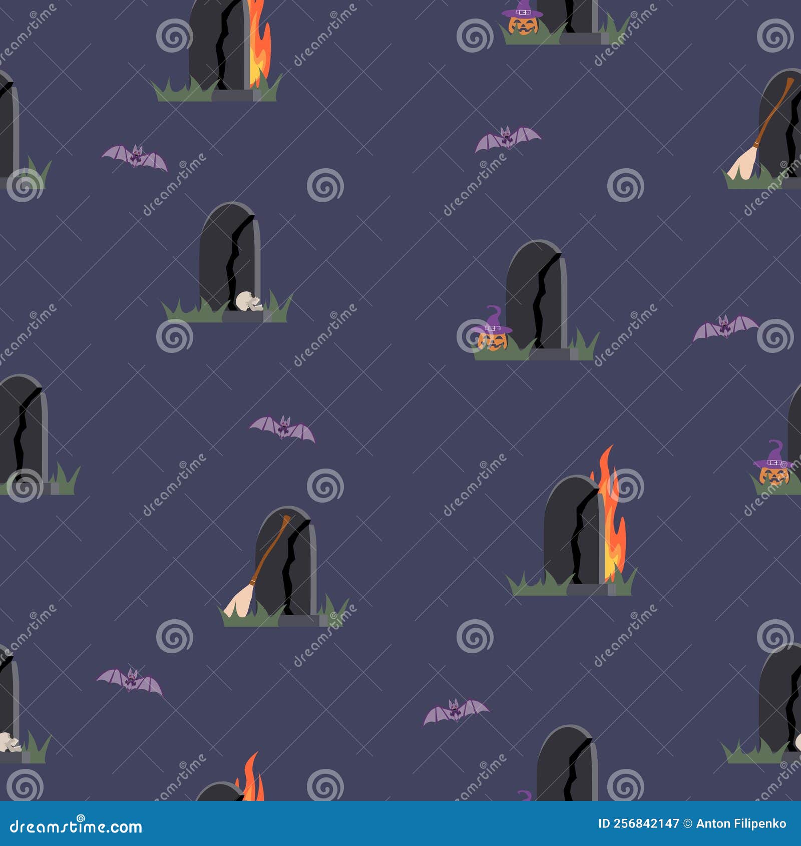 Helloween Graveyard Set. Seamless Pattern Illustration. Pumpkin. Skull ...