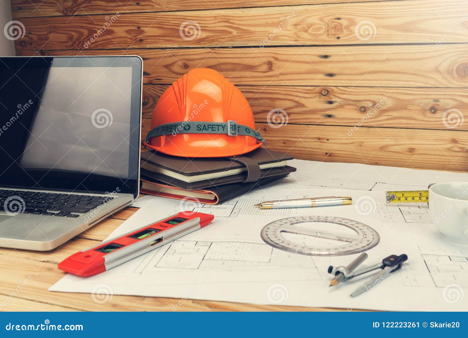 Helmet and Architectural Equipment on Blueprint Stock Image - Image of ...