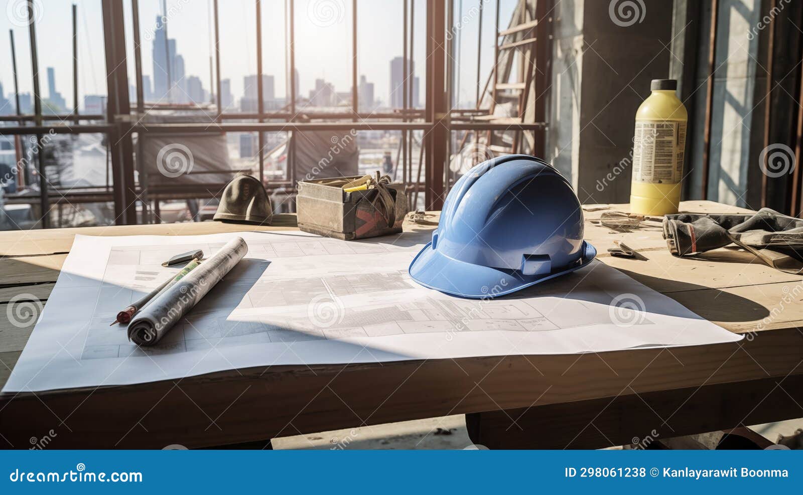 Helmet, Blueprint and Tools on a Desk in a Construction Site. Drawing ...