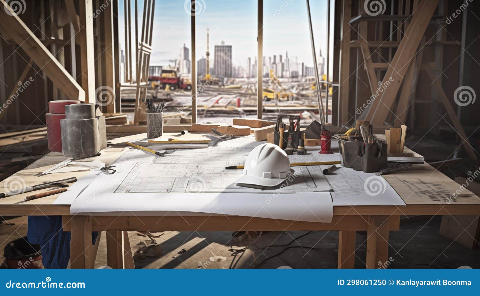 Helmet, Blueprint and Tools on a Desk in a Construction Site. Drawing ...