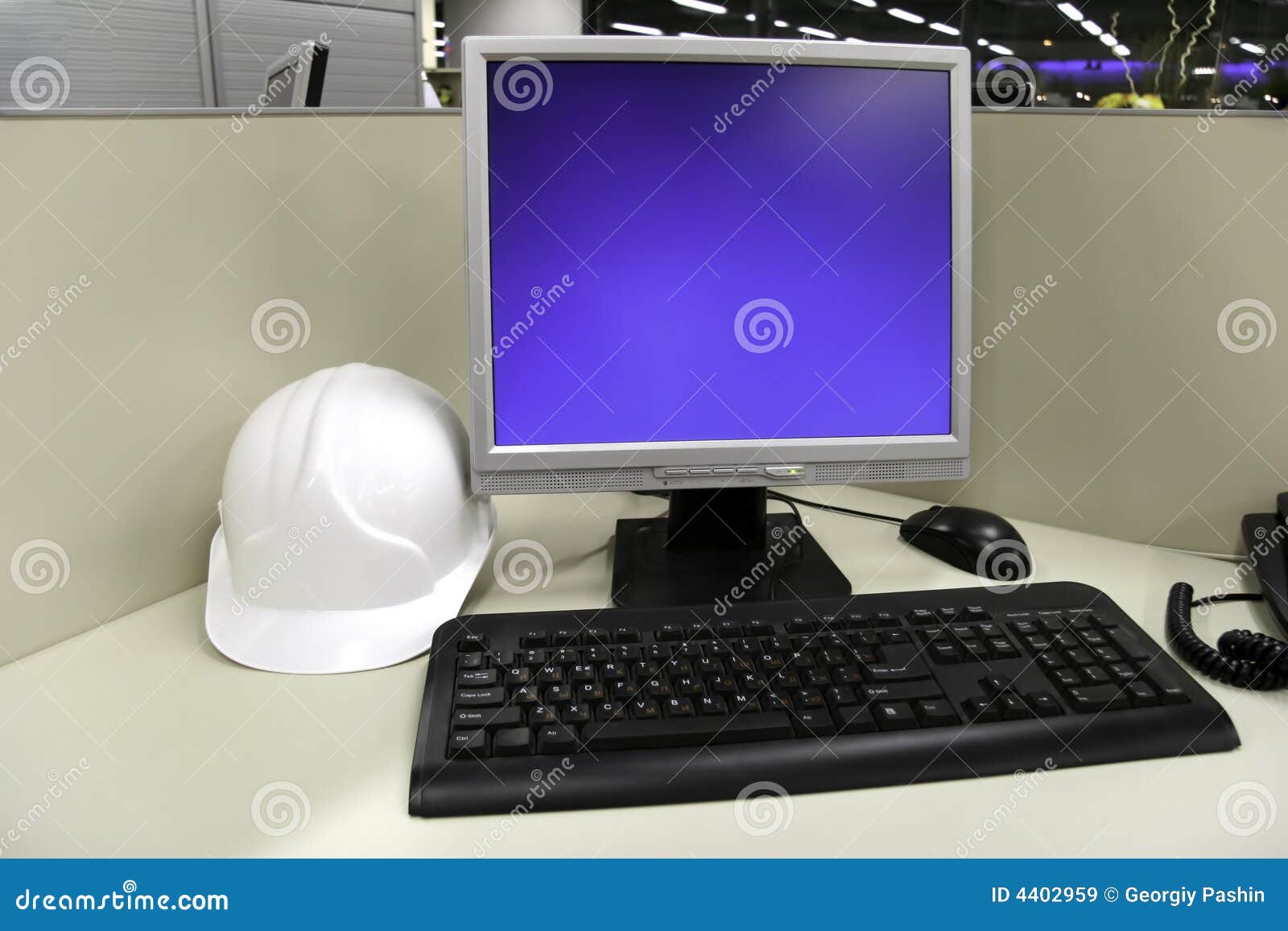 Helmet and Computer at Office Stock Image - Image of laptop, desk: 4402959