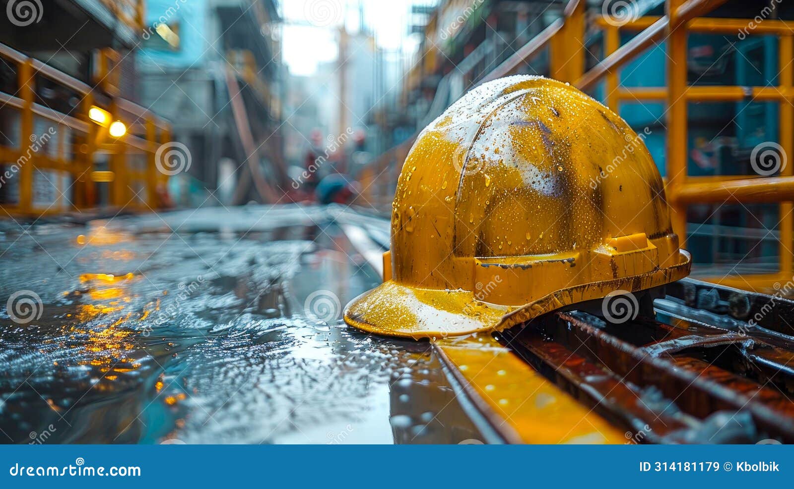 Helmet of a Construction Worker in the Rain, Close-up Stock Image ...