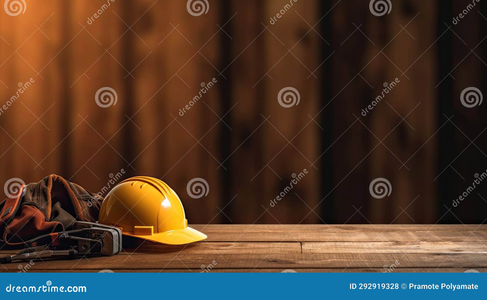 A Helmet of Construction Worker Tools on Brown Wooden Background with ...