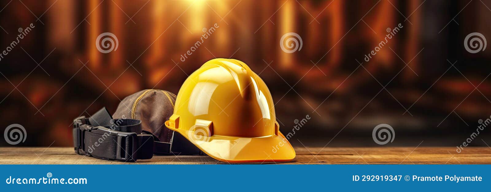 A Helmet of Construction Worker Tools on Brown Wooden Background with ...