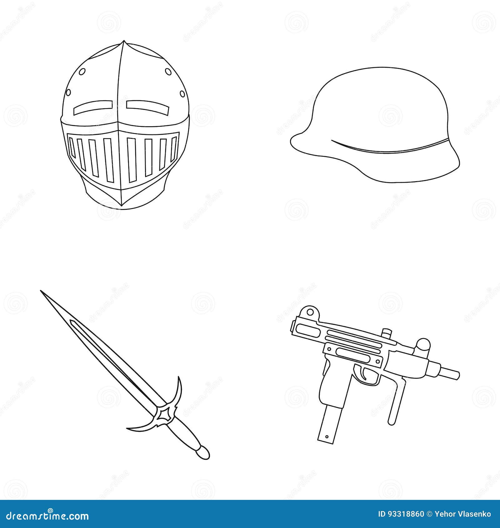A Helmet of a Medieval Knight, a Soldier`s Helmet, a Sword, an ... A Helmet of a Medieval Knight, a Soldier`s Helmet, a Sword, an ...