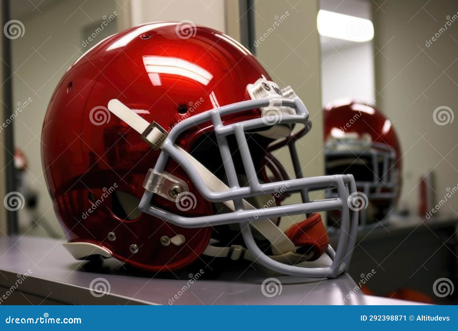 Helmet with Reflection in Locker Room Mirror Stock Image - Image of ...