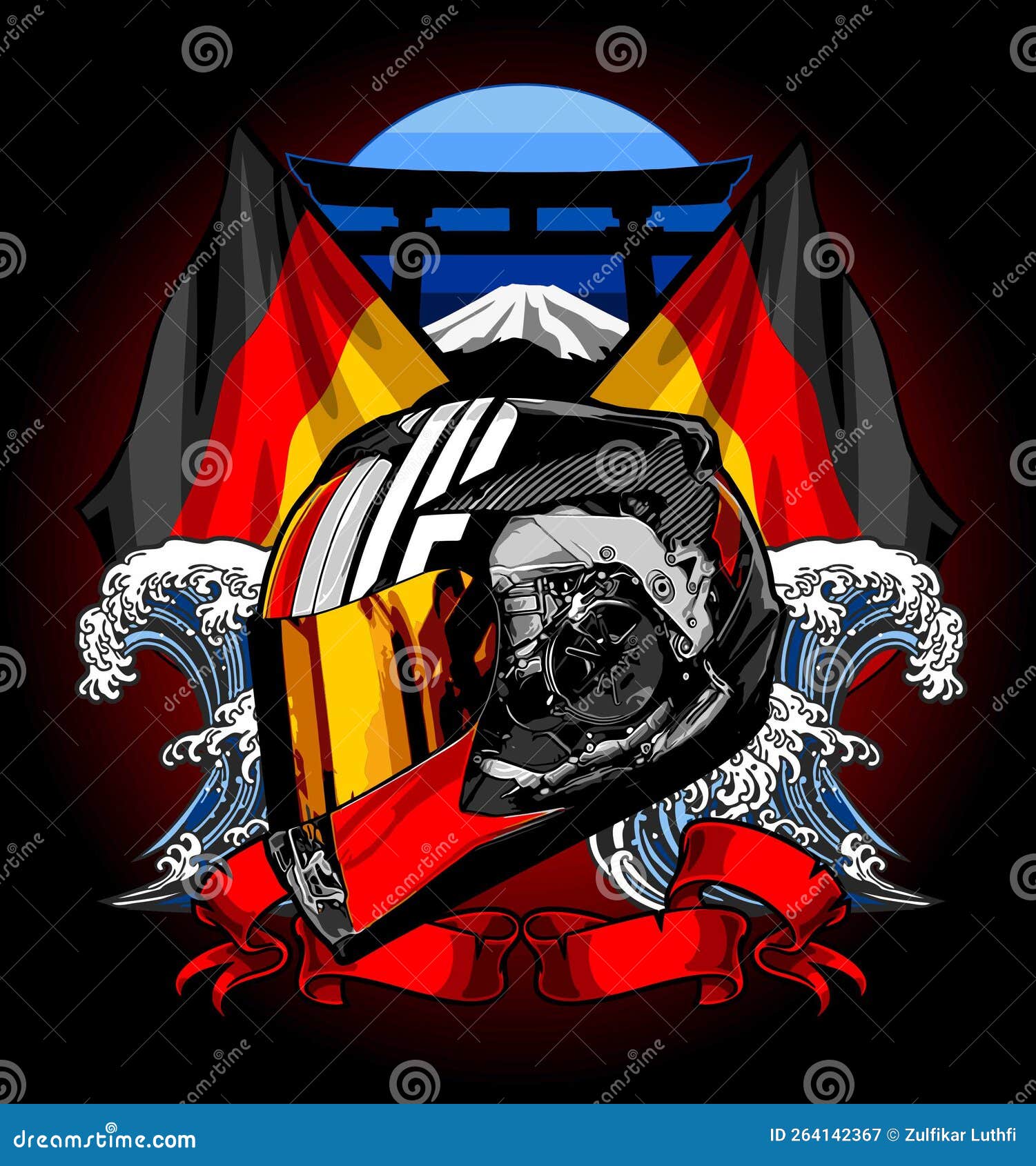 Helmet and Ribbon with Waves and Flags Background Stock Vector ...