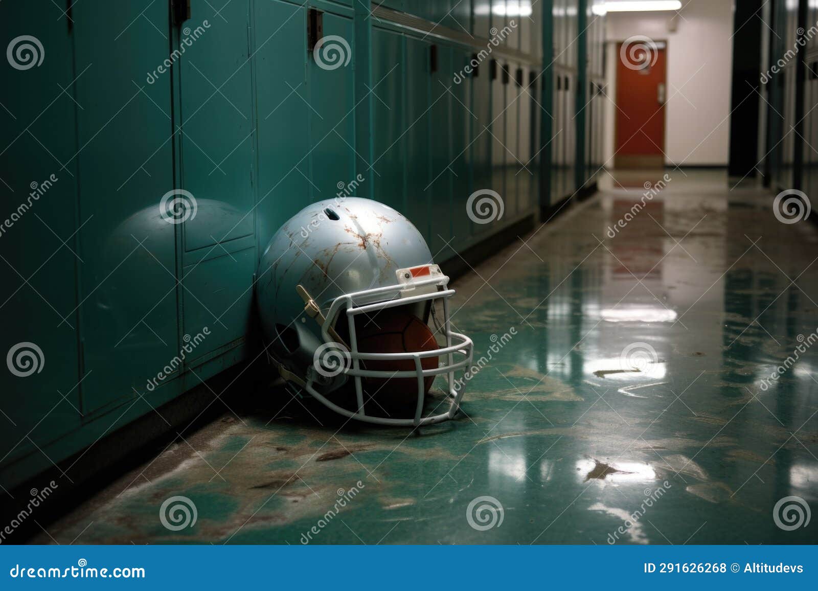 Helmet with Scratched Visor Placed on Locker Room Floor Stock Photo ...