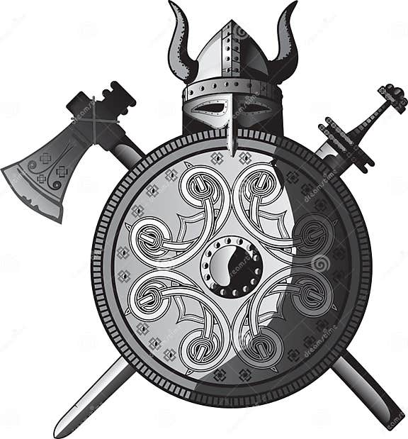 Helmet, Sword, Axe and Shield of Vikings Stock Vector - Illustration of ...