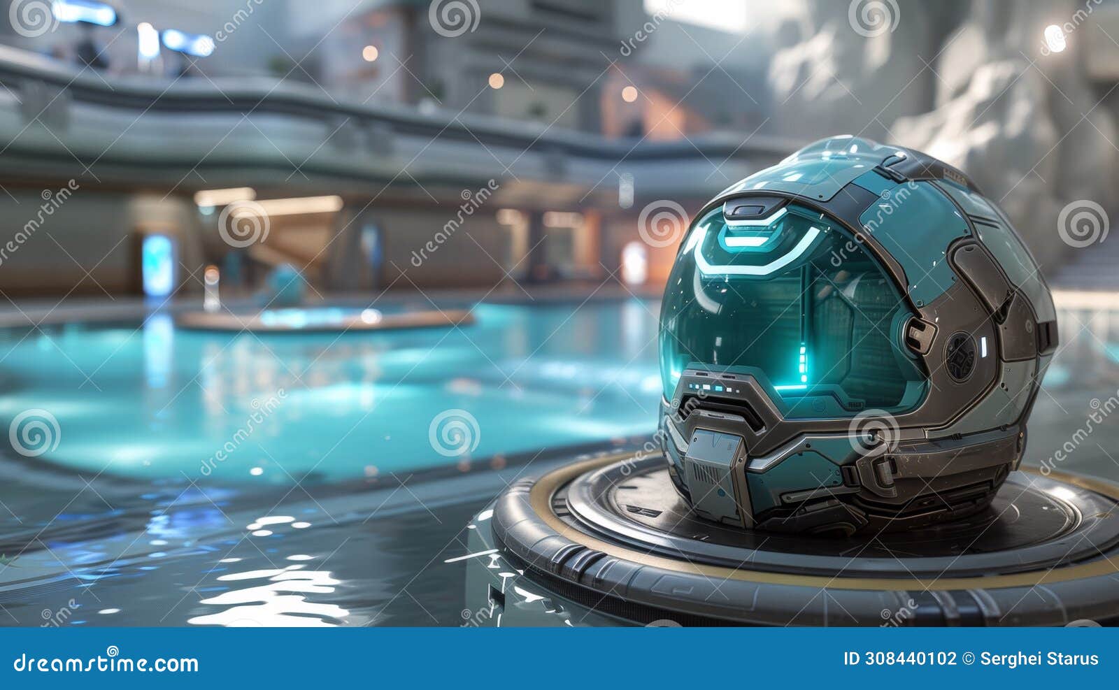 A Helmet on a Table in Front of an Indoor Pool, AI Stock Photo - Image ...