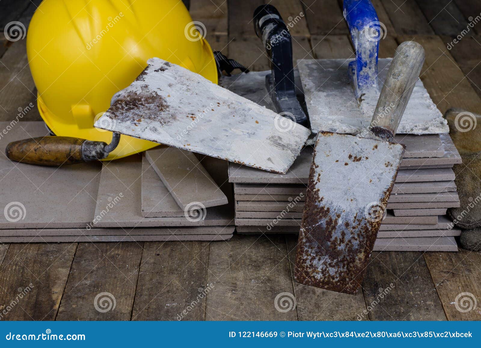 Helmet, Tiles and Tools for the Builder. Accessories for Construction ...