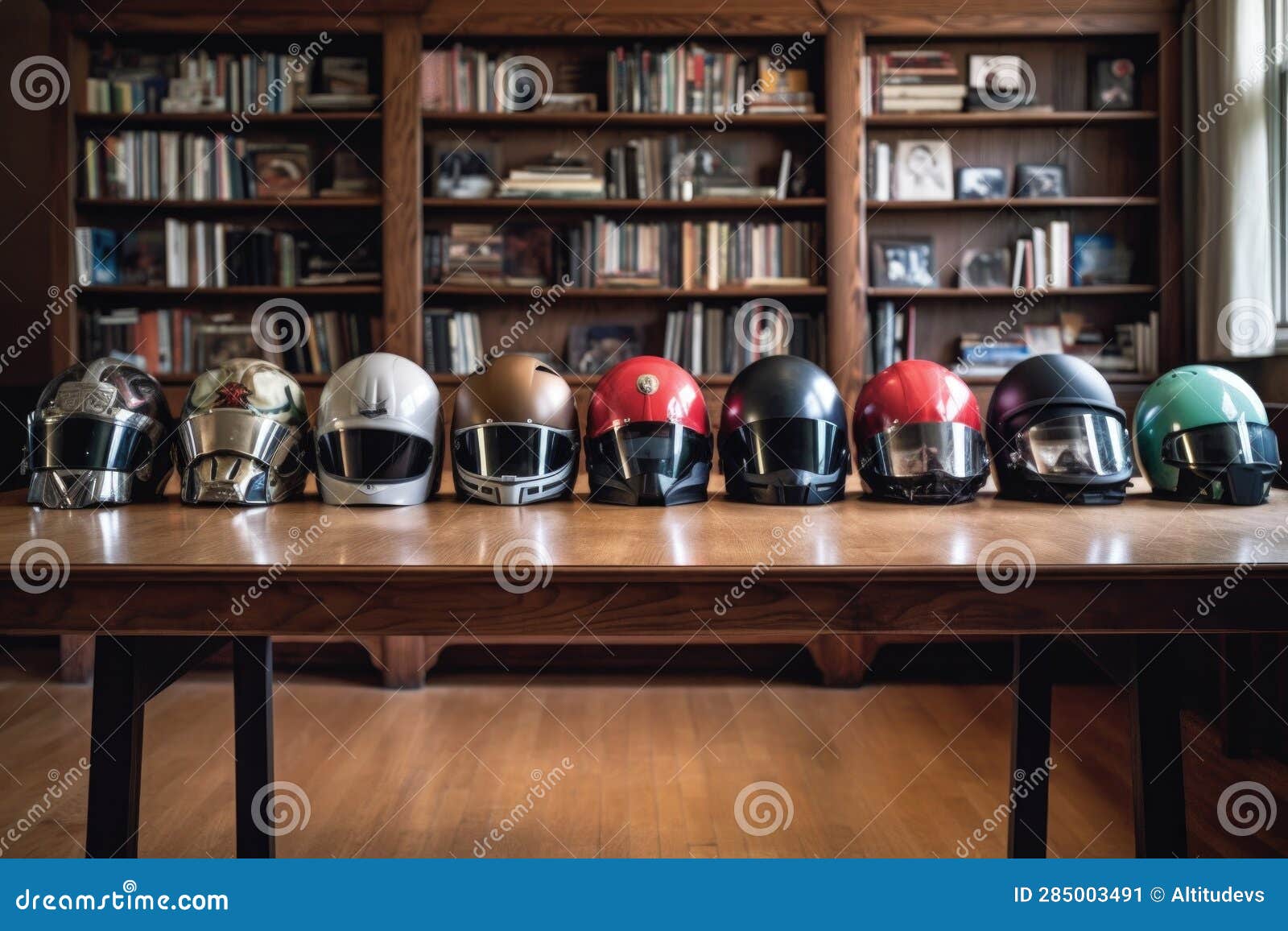 Helmets Arranged in a Row on a Table Stock Illustration - Illustration ...