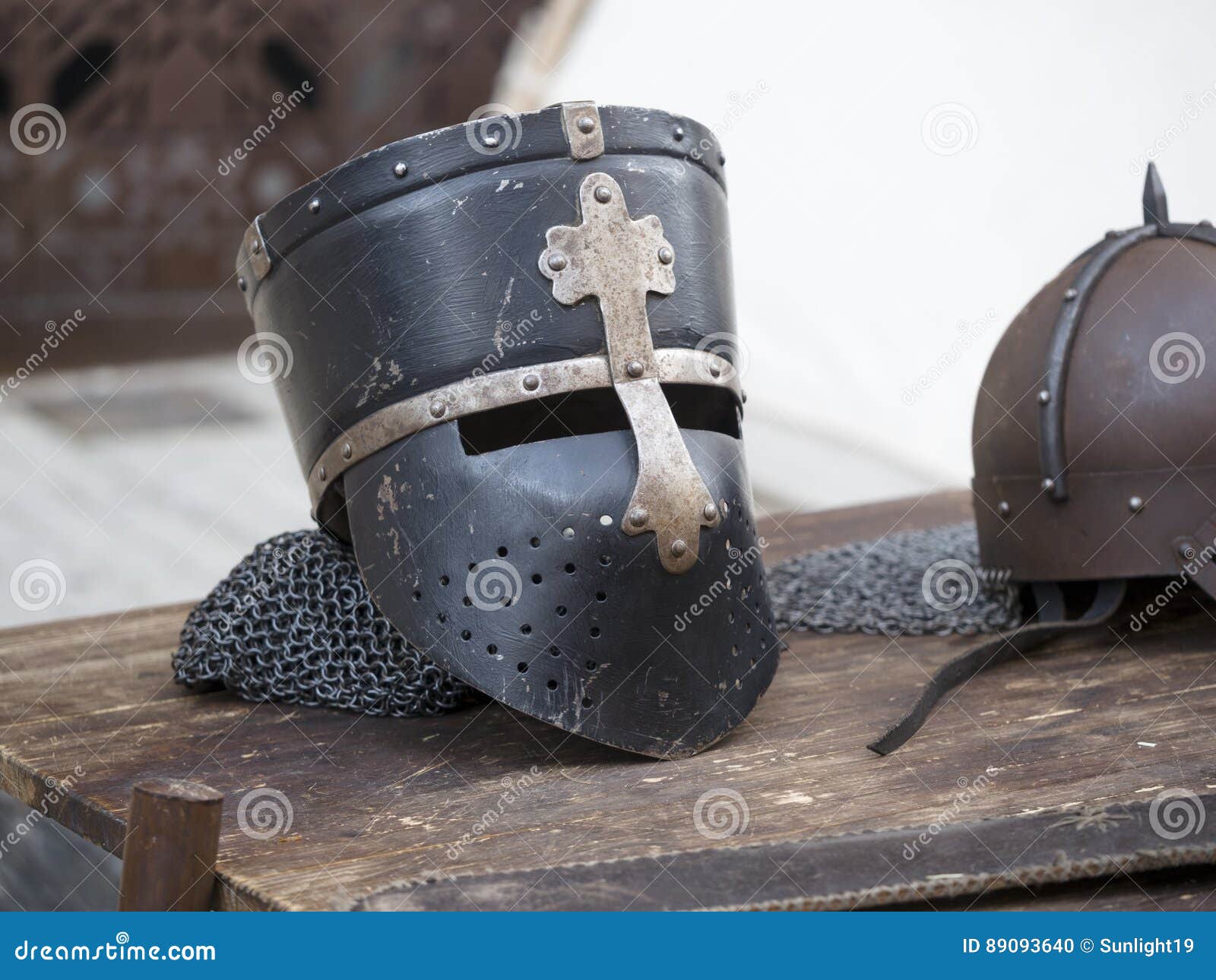 Helmets Medieval of Knights on a Table Stock Photo - Image of table ...