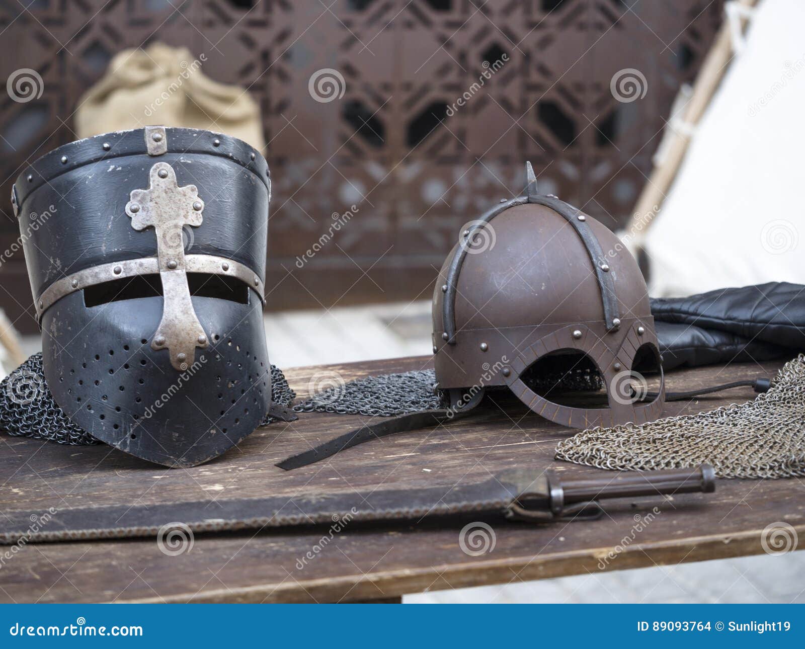 Helmets Medieval of Knights on a Table Stock Photo - Image of table ...