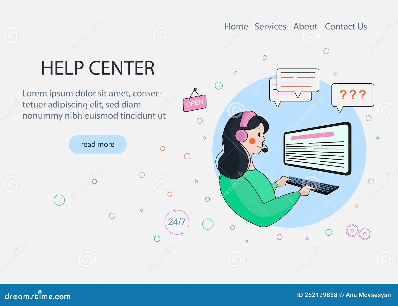 Help Center. Web Page with a Navigation Bar and Hero Image. Stock ...