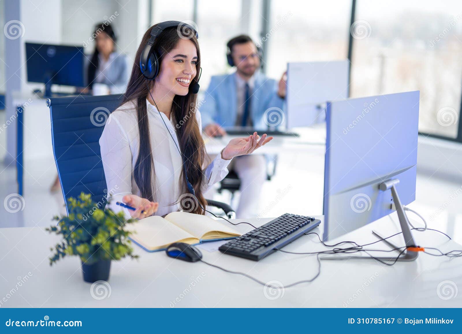 Help Desk Representative Woman with Headset Communicating with Customer ...